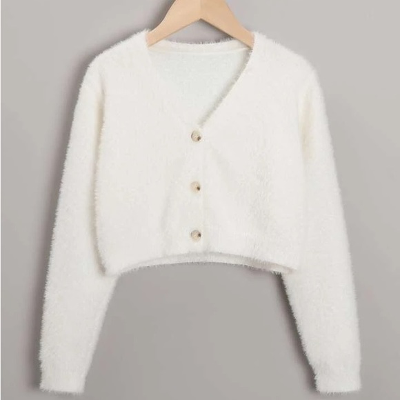 SHEIN | Sweaters | Fuzzy White Button Front Cardigan Sweater Large Us 8 ...